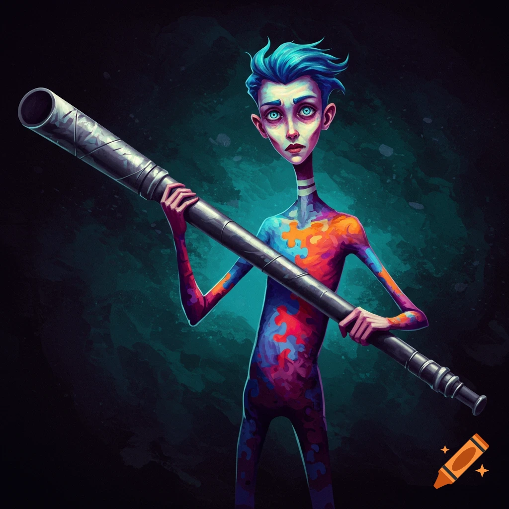 A stylized character with blue hair and colorful skin holds a large ...