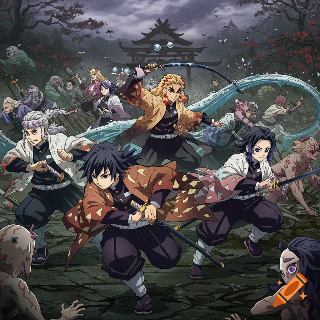 Demon Slayer Hashira charging forward with Nichirin blades on Craiyon