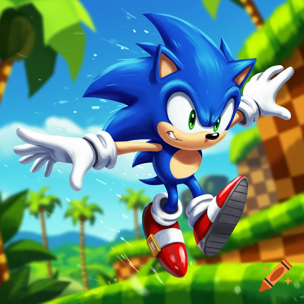 Sonic the Hedgehog runs through a lush green hill zone landscape in a ...