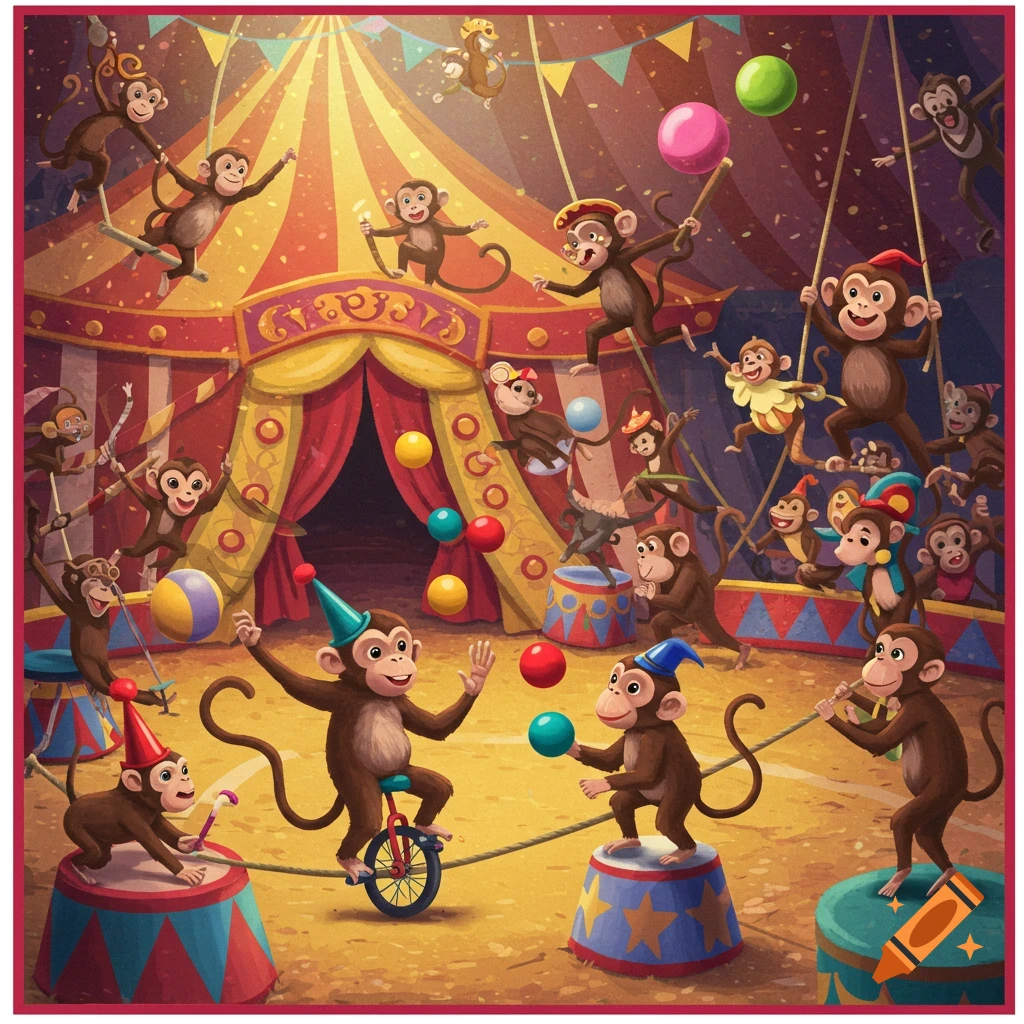 A funny cartoon lion in a yellow suit and top hat juggles colorful ...