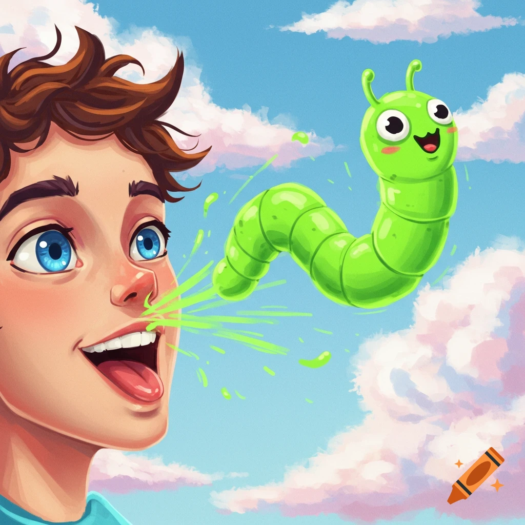 Cartoon boy burping green spray at a happy green caterpillar in the sky ...