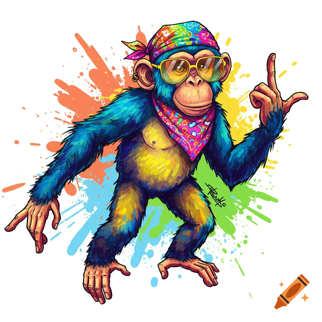 A funky monkey wearing a bandana and sunglasses against a swirling, colorful background. on Craiyon
