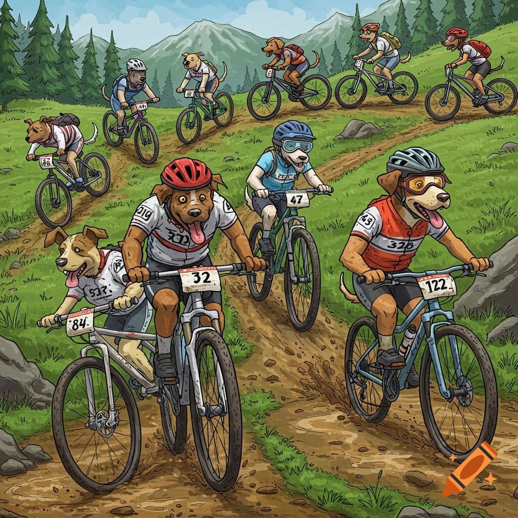 Dogs riding mountain bikes in a race on Craiyon