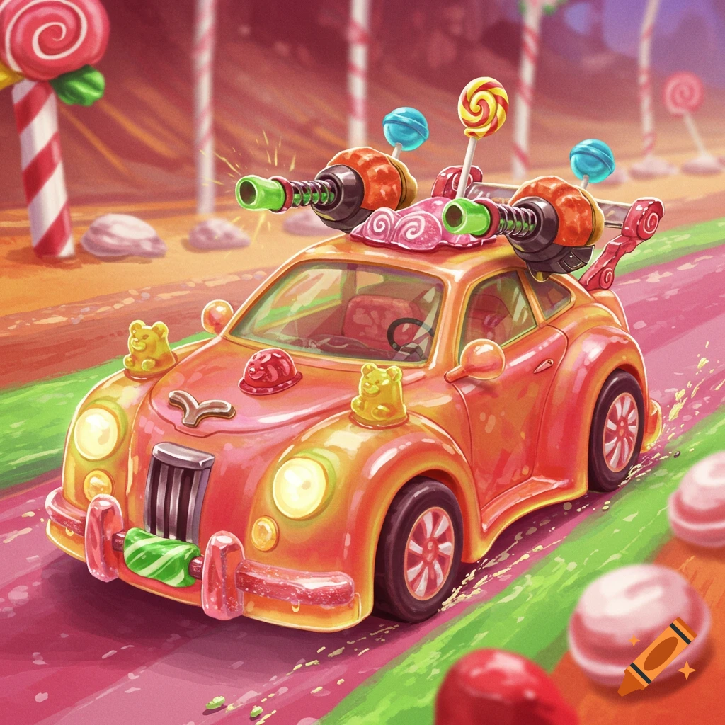 A whimsical illustration of a yellow clown car filled with clowns, seen ...