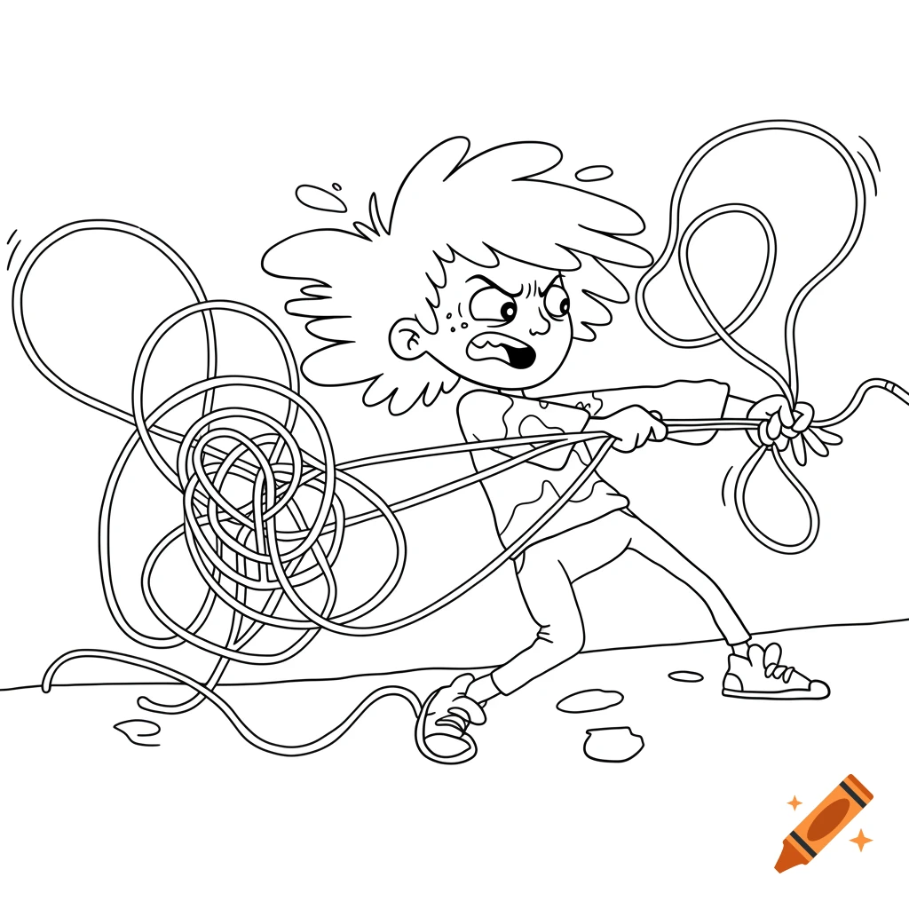 Cartoon coloring page of a child pulling a large tangled string with a ...