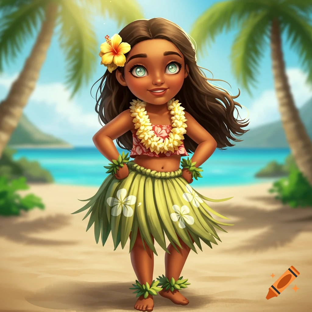 A realistic cartoon of a young hula girl standing on a beach with palm ...
