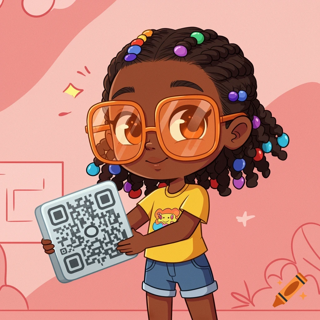Cartoon of a Black girl with orange glasses holding a QR code on Craiyon