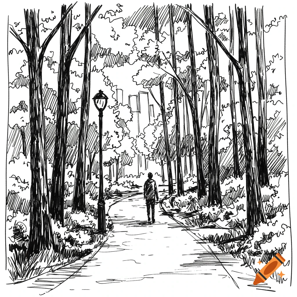 Black and white sketch of a person walking on a path through a park ...