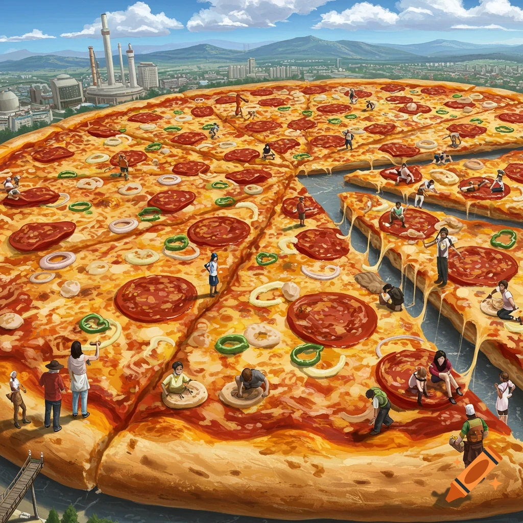 Tiny people walk on a giant pizza in a landscape. on Craiyon
