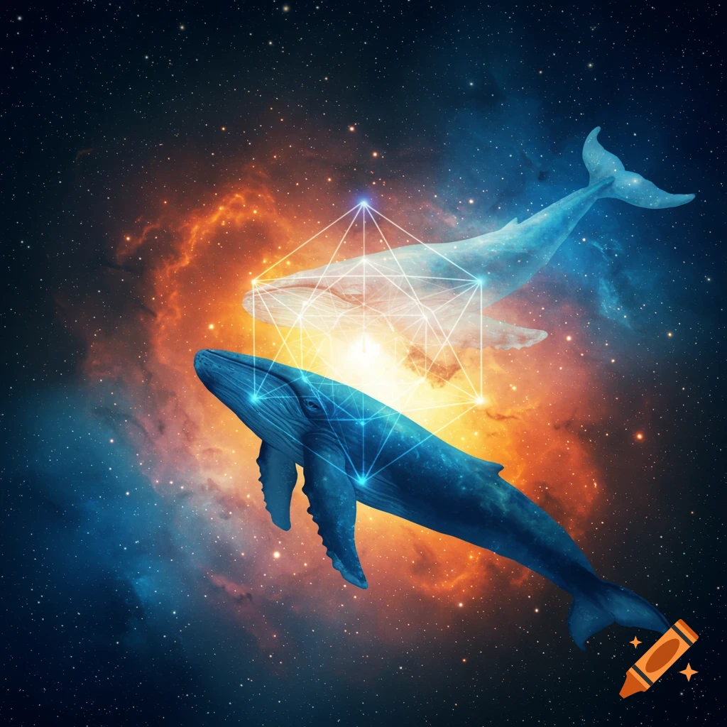 A whale shark and an orca swim through space with a swirling galaxy ...