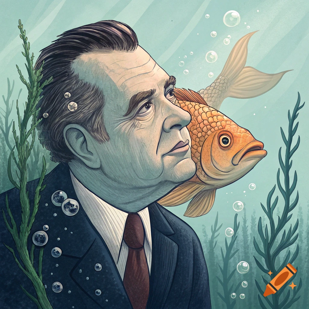 Illustration of an anthropomorphic fish wearing a suit and tie, smoking ...