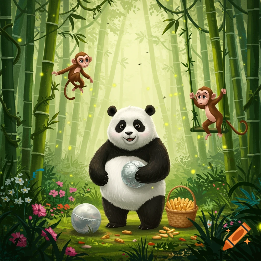 Cartoon panda in bamboo forest with monkey on Craiyon