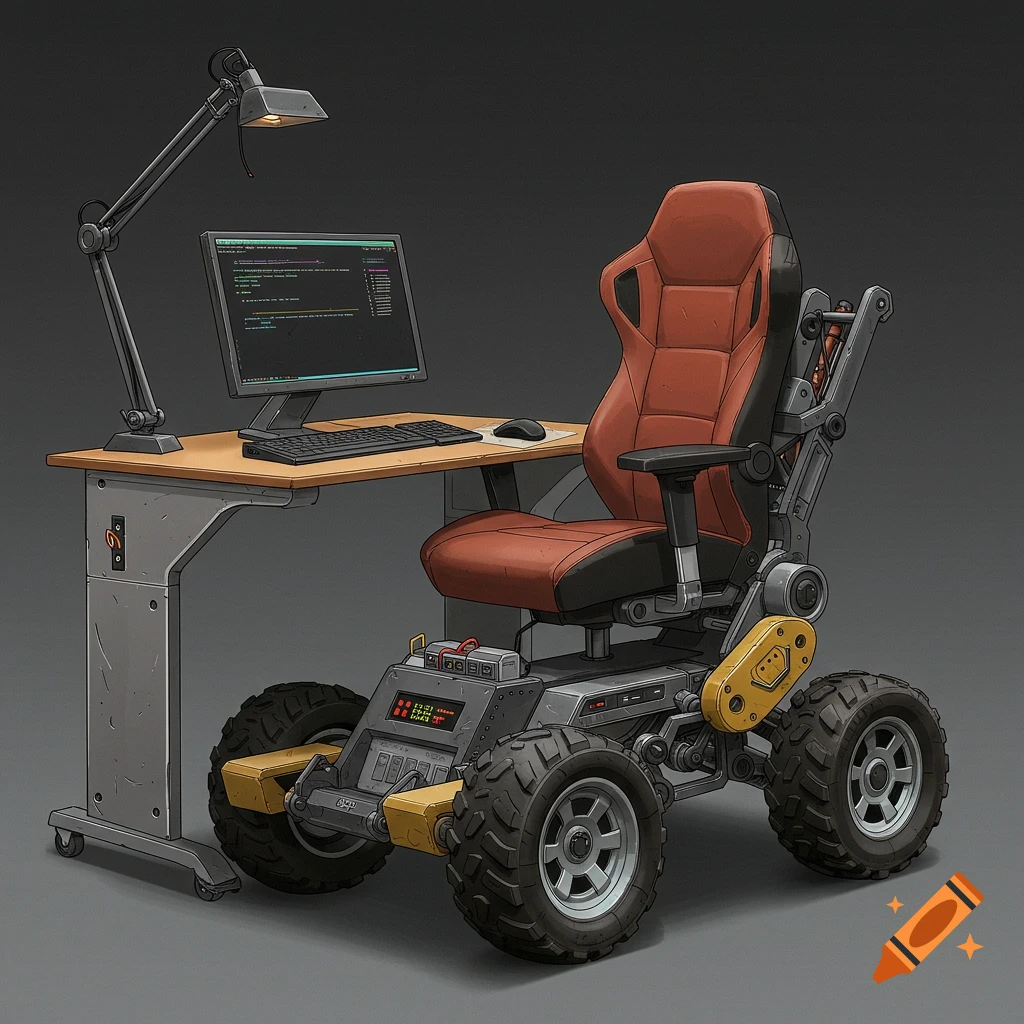 An office chair with off-road wheels and suspension, with a desk and ...