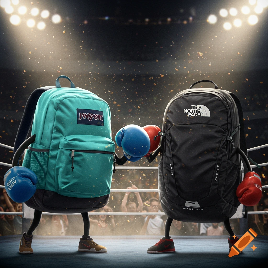 Jansport backpack versus North Face backpack in boxing arena on Craiyon