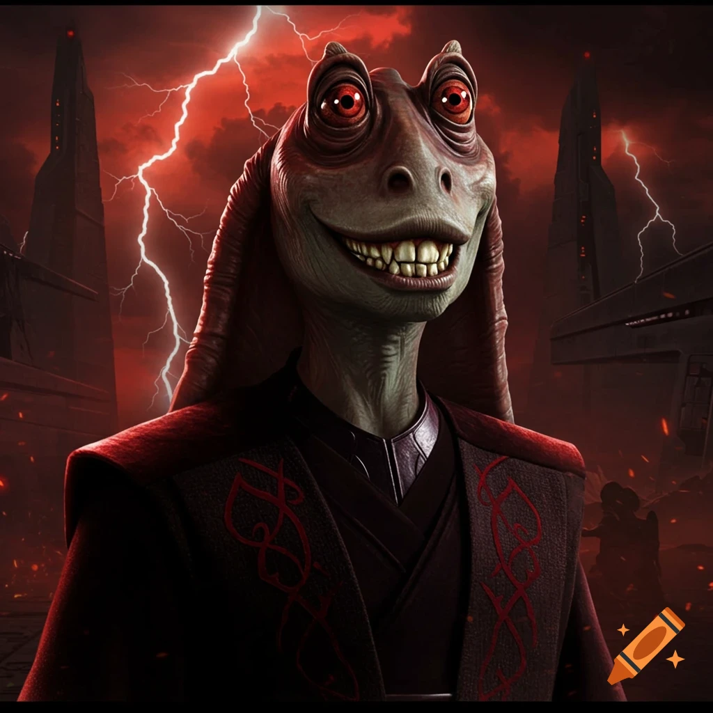 Sith Lord Jar Jar Binks smiles with red eyes in a dark landscape with lightning. on Craiyon