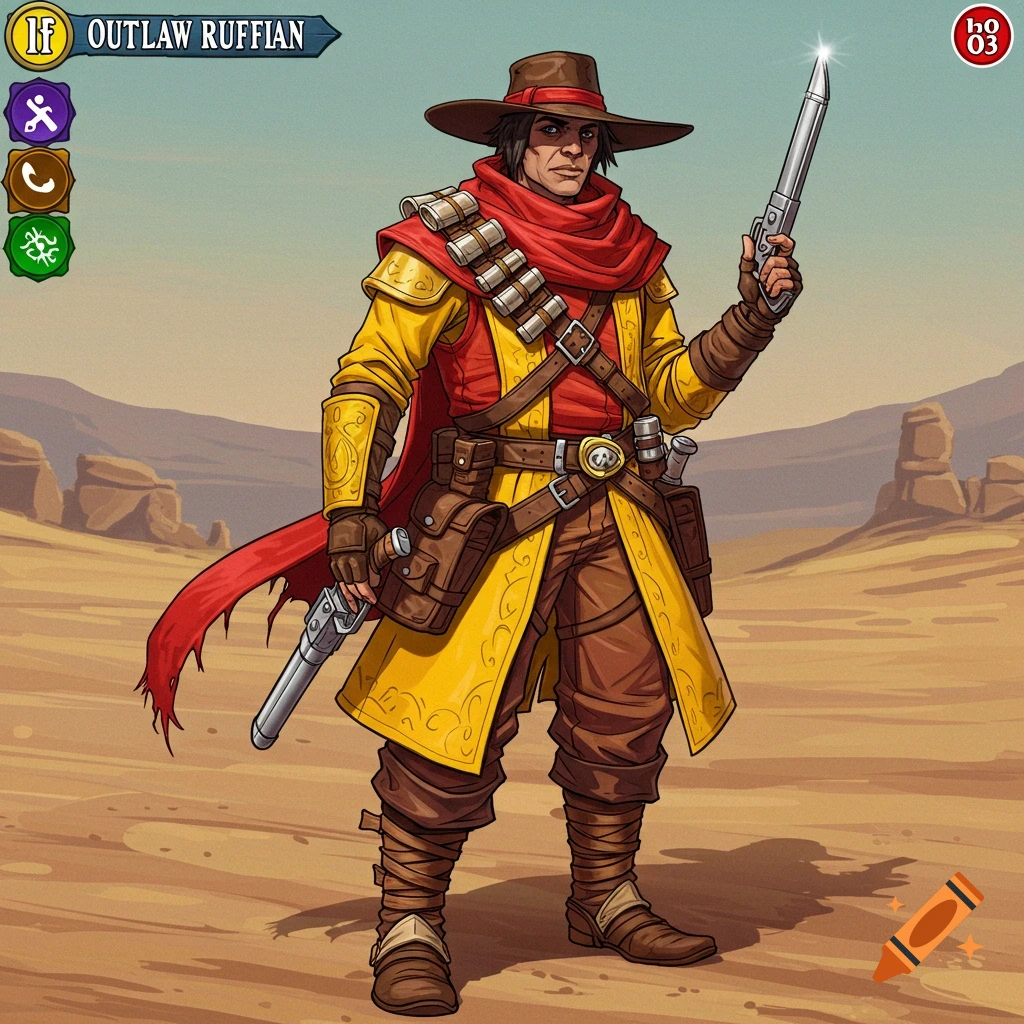 Hand-drawn, cell-shaded cartoon of an outlaw ruffian in red and yellow ...