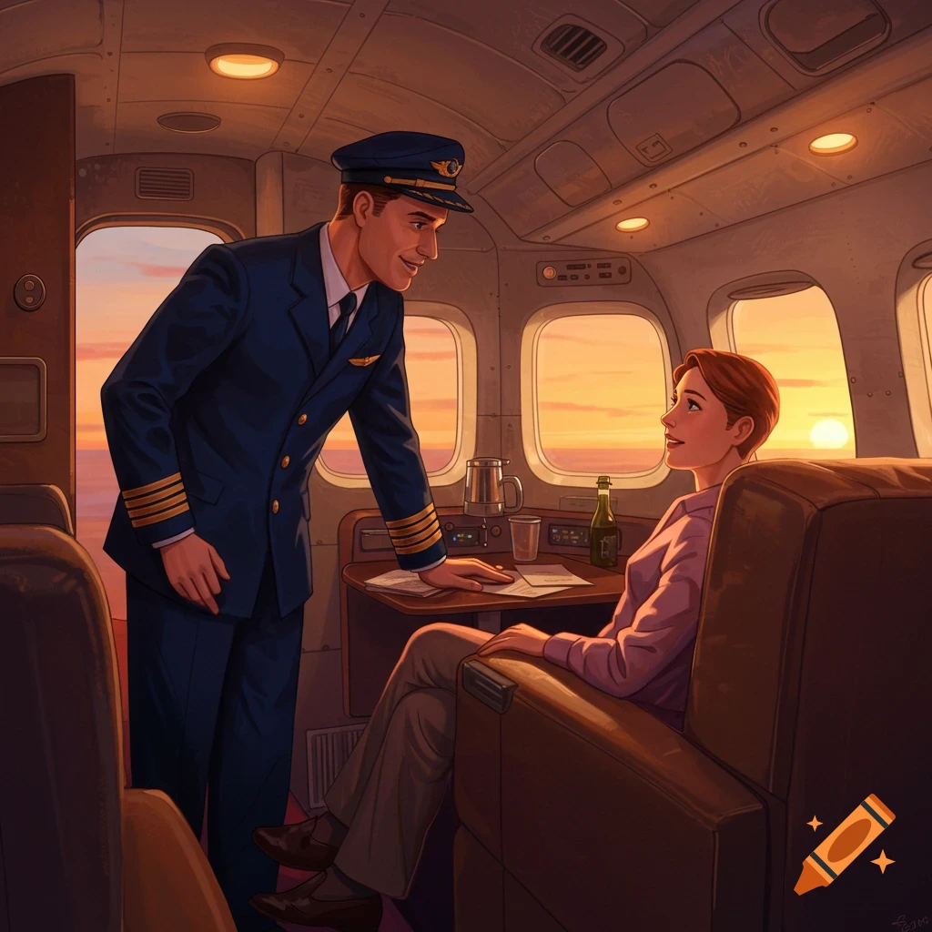 A pilot talks to a passenger in an airplane cabin at sunset. on Craiyon