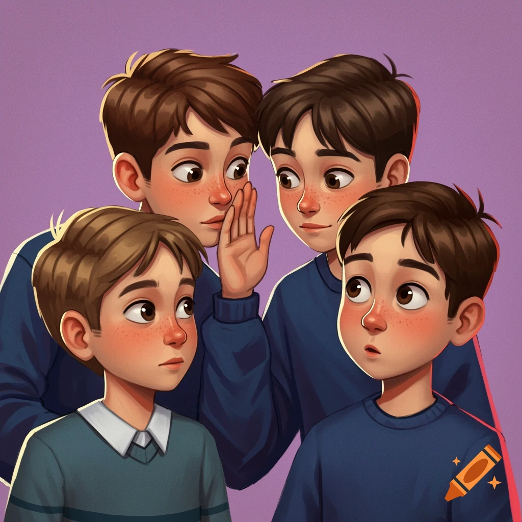 Cartoonish image of two boys whispering about another boy on Craiyon