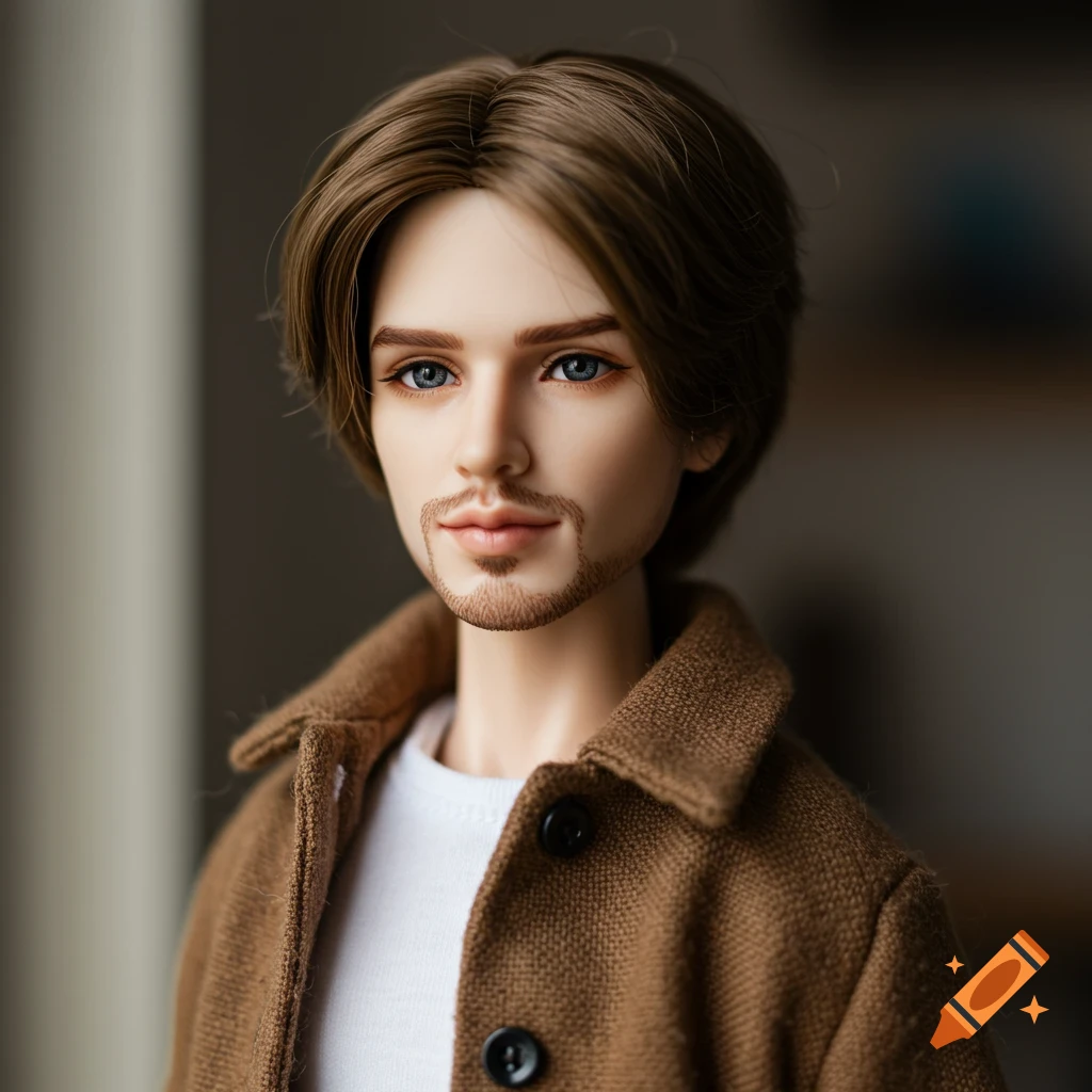 A doll with brown hair and blue eyes wearing a brown jacket. on Craiyon