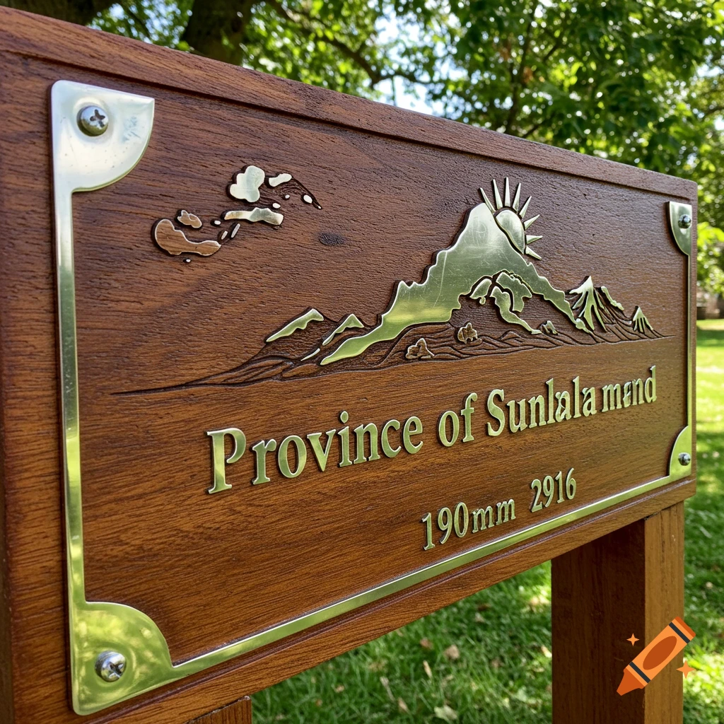 Wooden plaque with metal mountain design and text in an outdoor setting ...