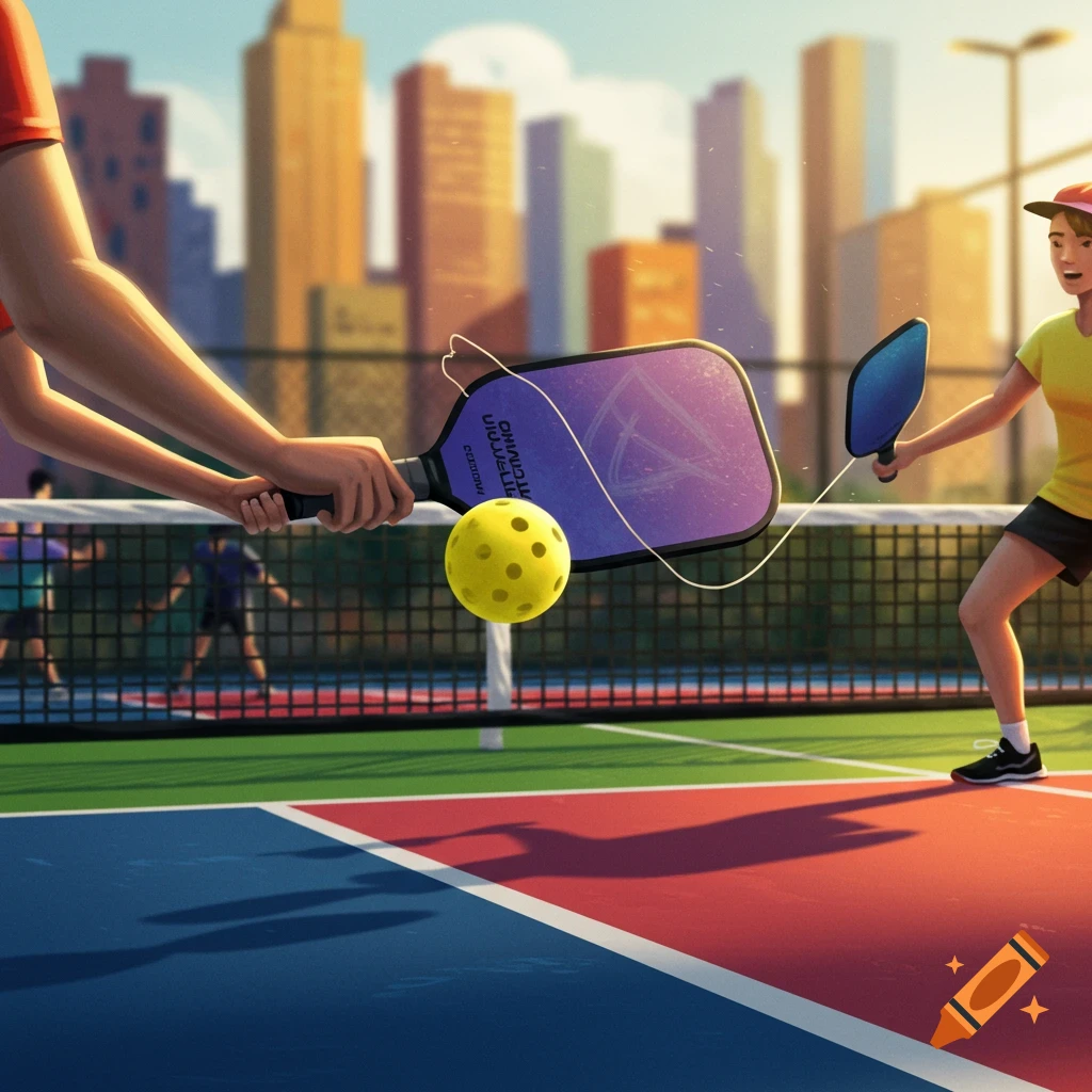 People playing pickleball in a city, close-up view of a paddle hitting ...