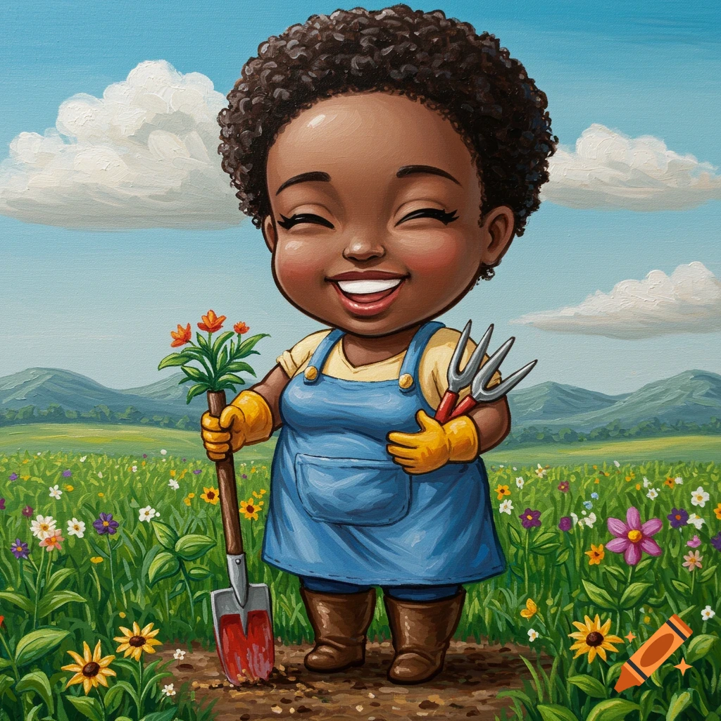 Joyful chibi African American woman oil painting on Craiyon