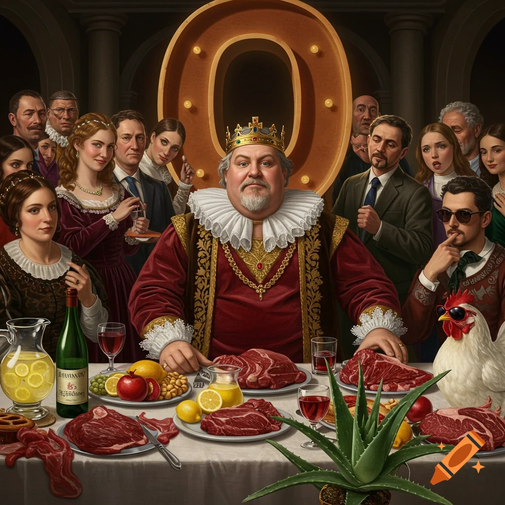 King-like character with large head sits on a giant burger, holding a ...