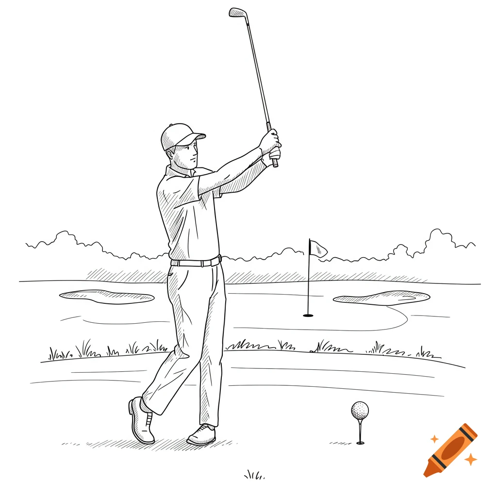 Outline drawing of a golfer swinging a club on a golf course. on Craiyon