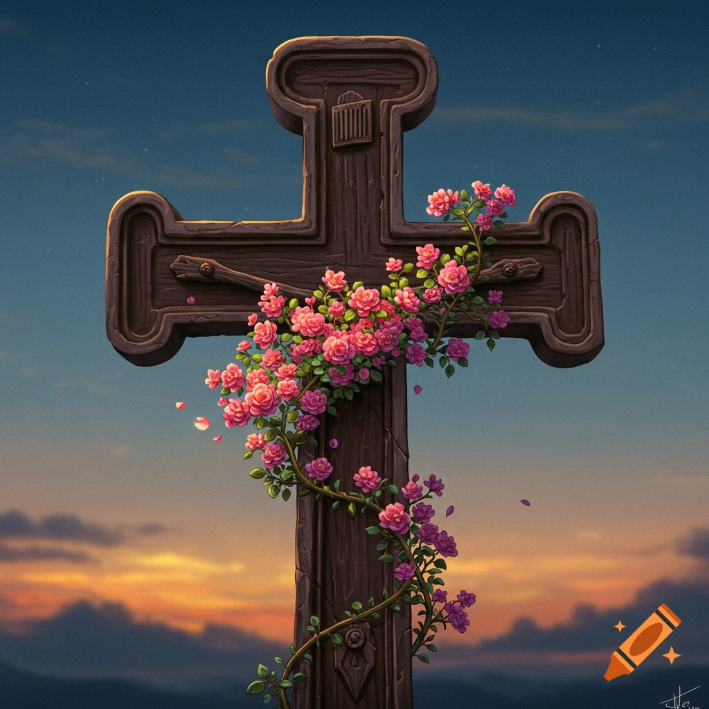 A wooden cross is covered in red roses and vines, set against a ...