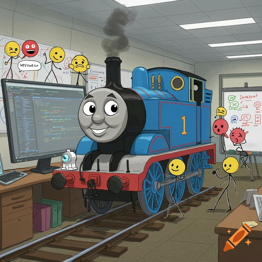Cartoon of Thomas the Tank Engine working on a computer in an office ...