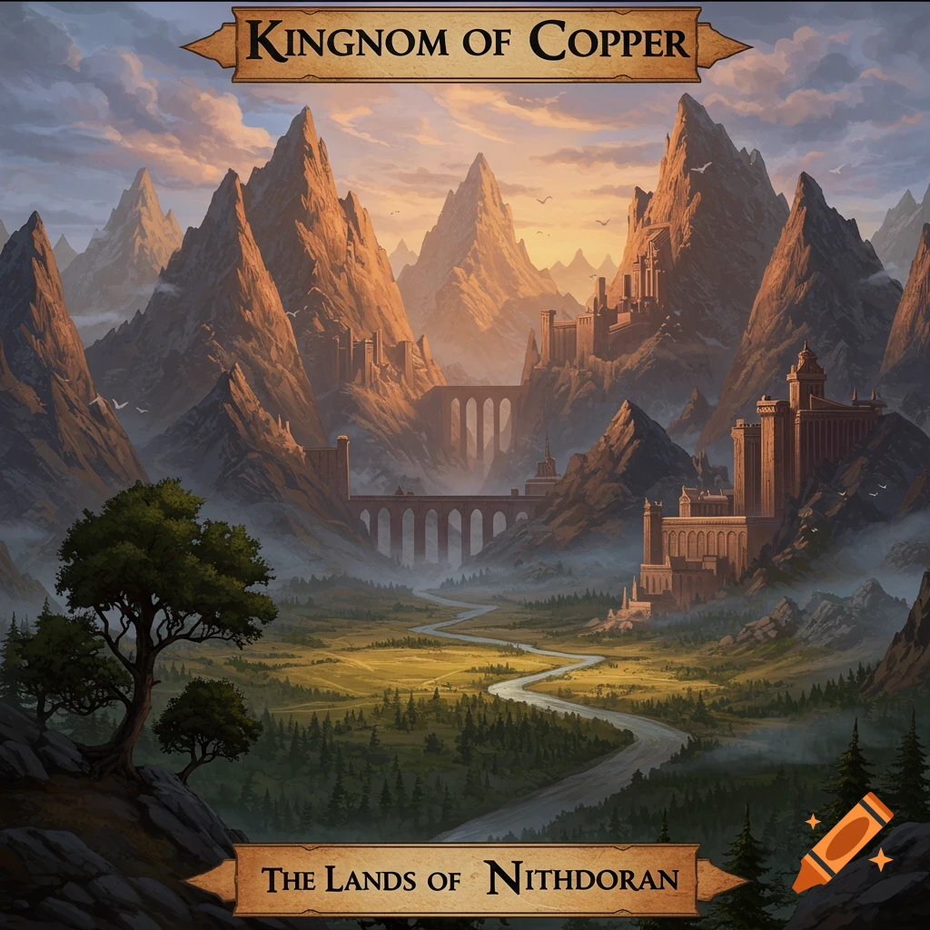 Kingdom of Copper banner over D&D landscape with copper-hued mountains ...