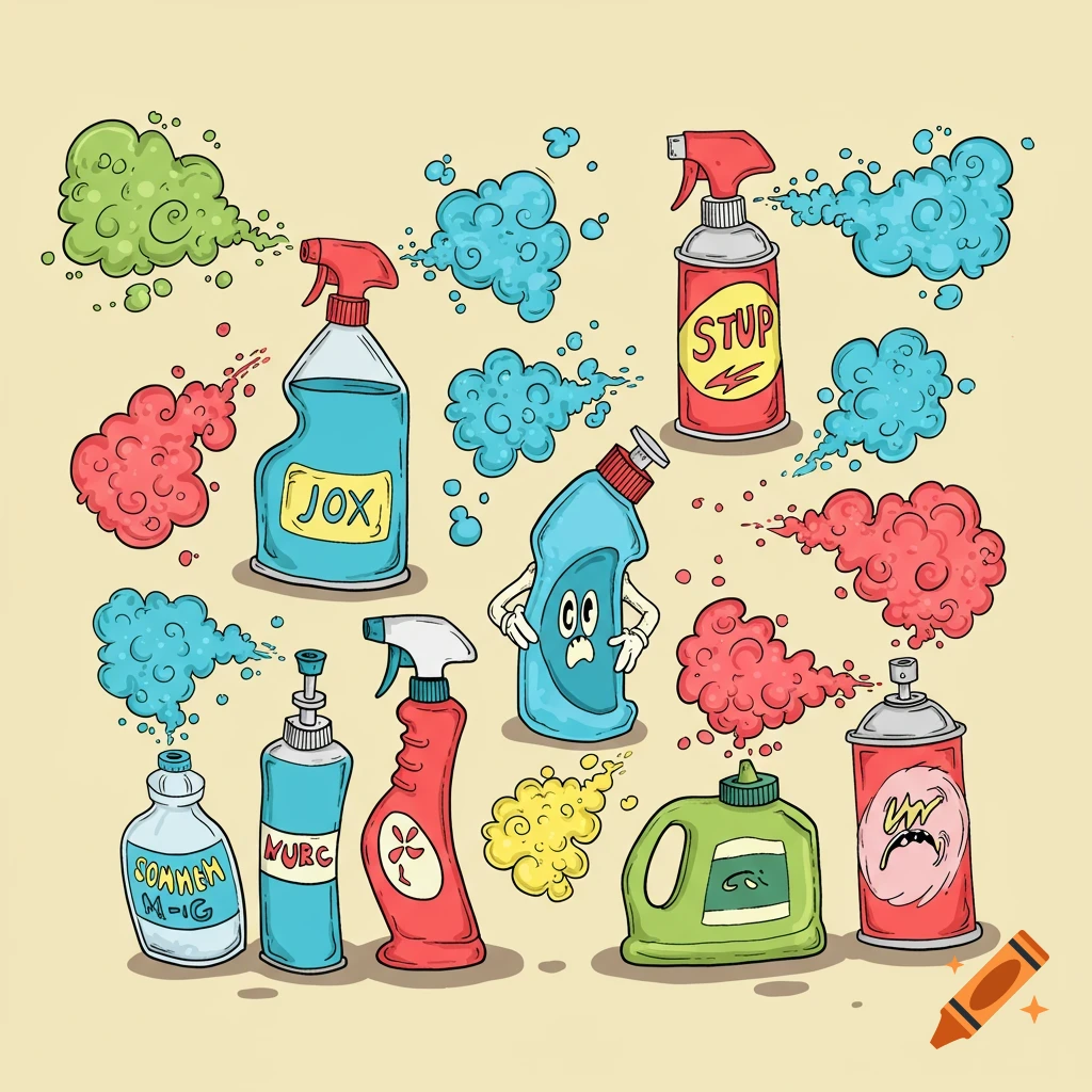 Dr. Seuss style cartoon of cleaning supplies emitting particles on Craiyon