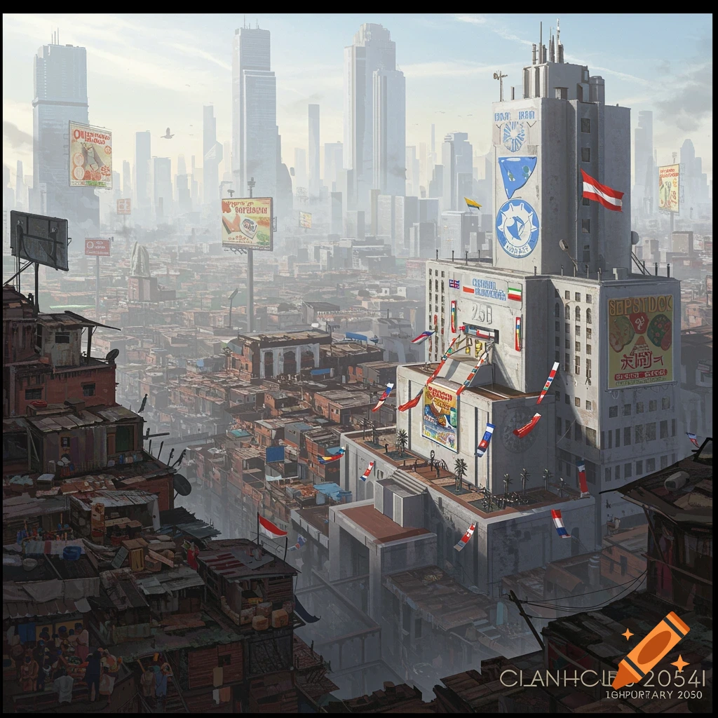 An overpopulated dystopian cityscape with slums, skyscrapers, and a ...