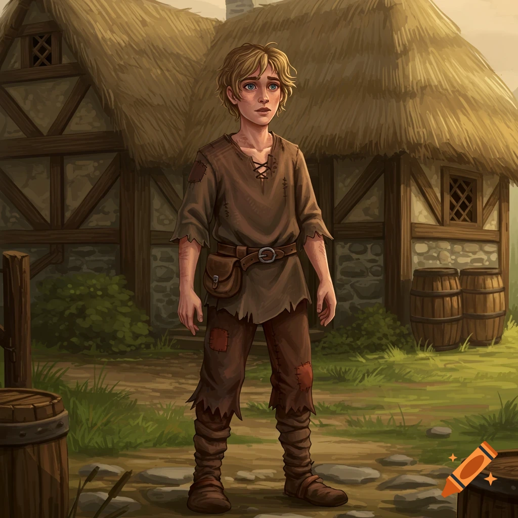 Sage, the False Prince, a teen peasant with dark blond hair. on Craiyon