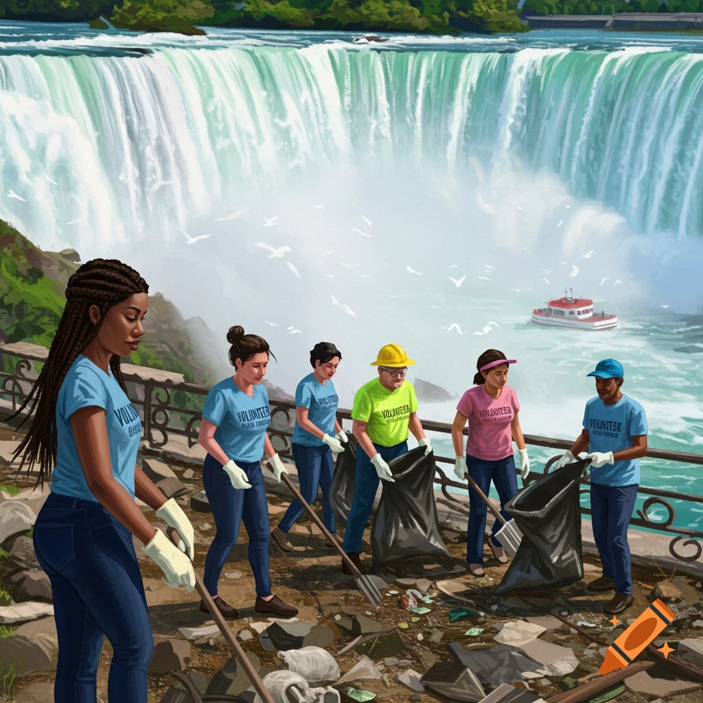 Volunteers cleaning up trash near Niagara Falls. on Craiyon