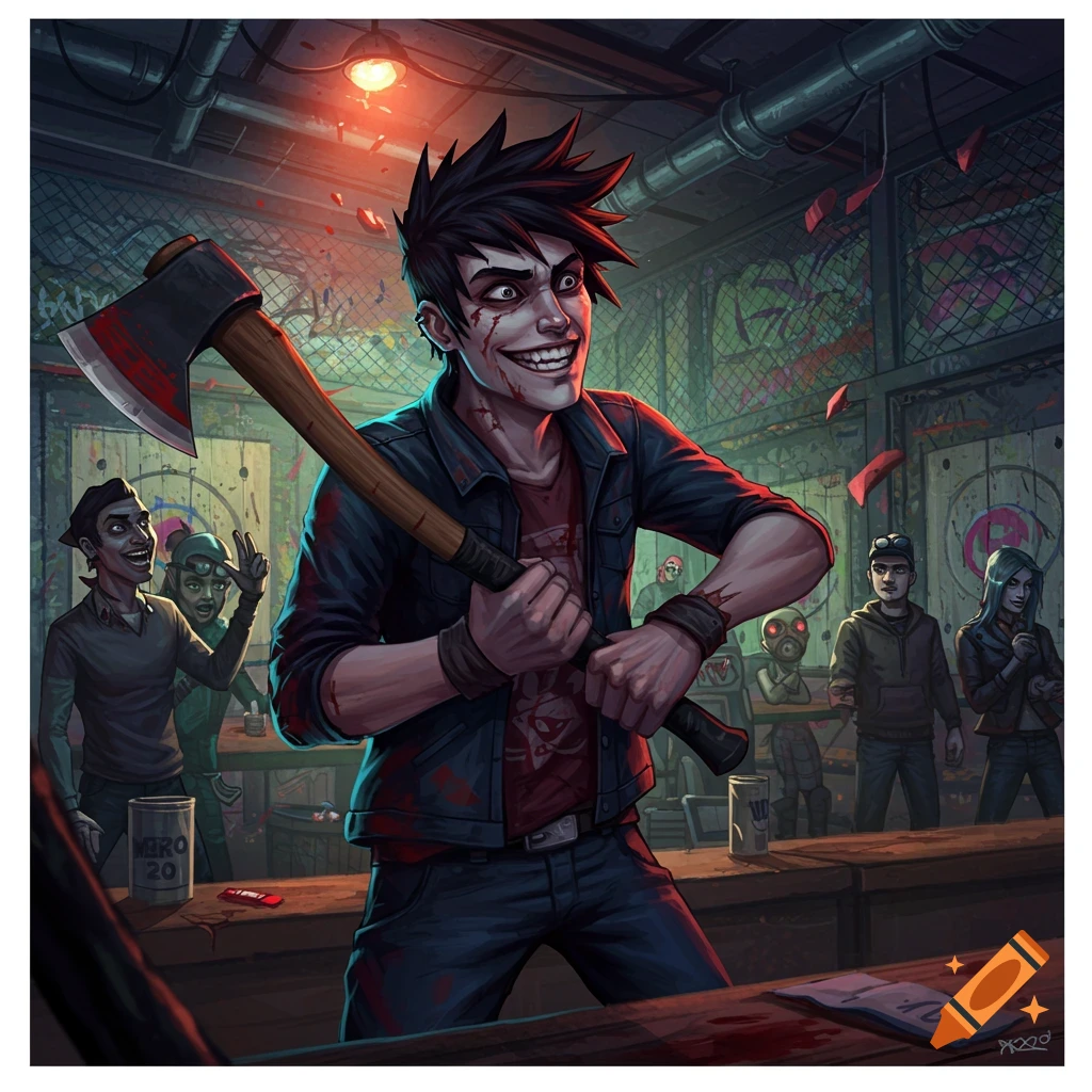 R.E.P.O character at an axe throwing event on Craiyon