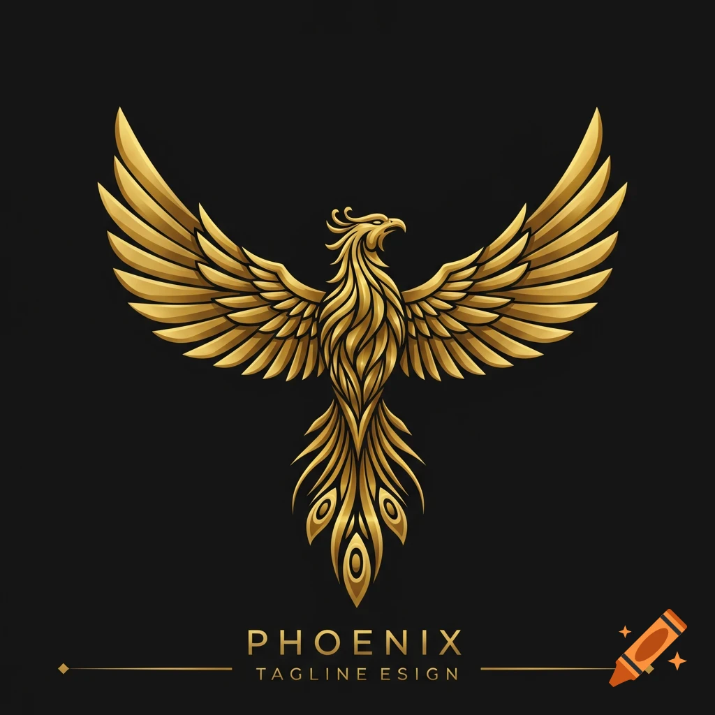 A golden phoenix icon with wings spread wide on a black background ...