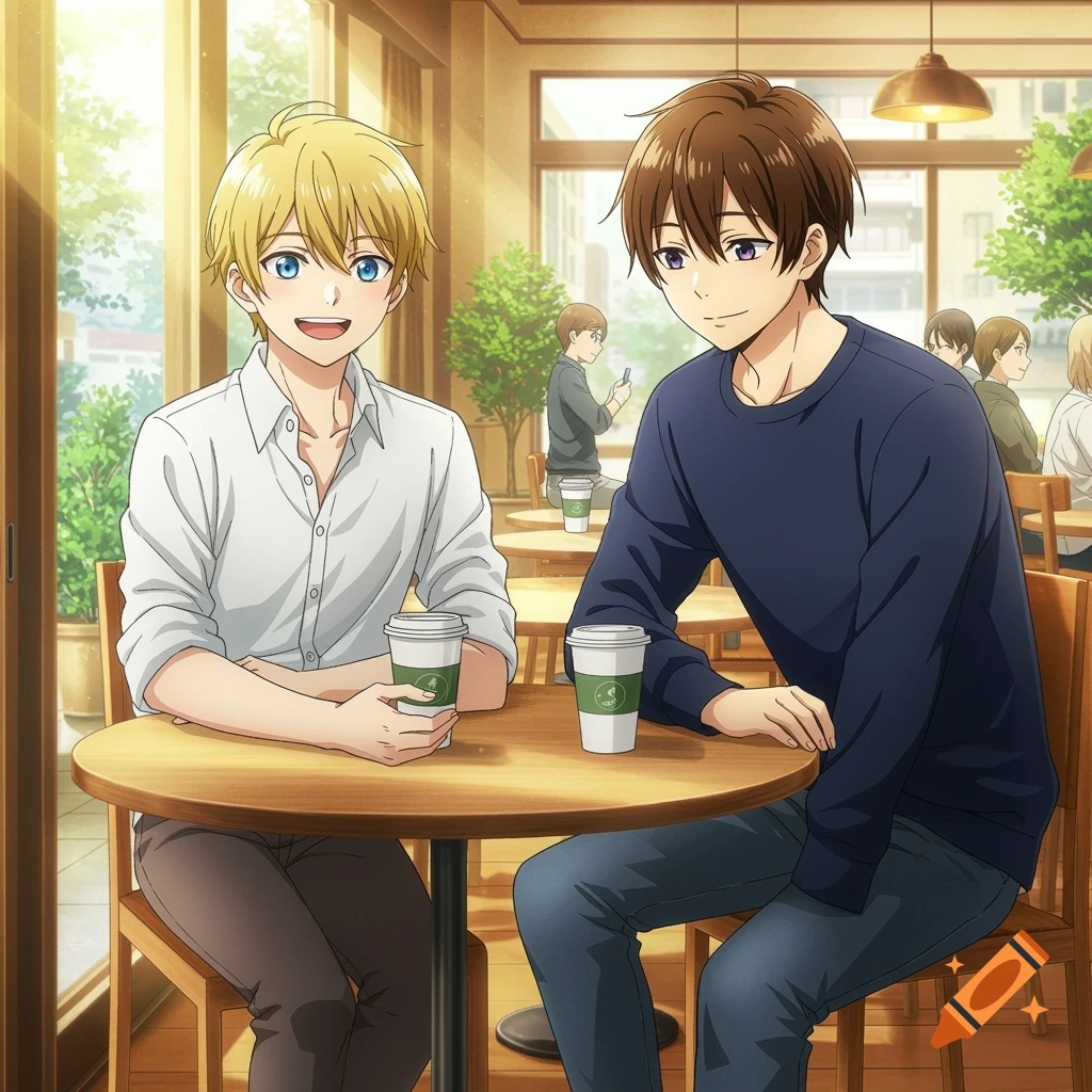Two anime boys have a coffee date in a sunny cafe. on Craiyon