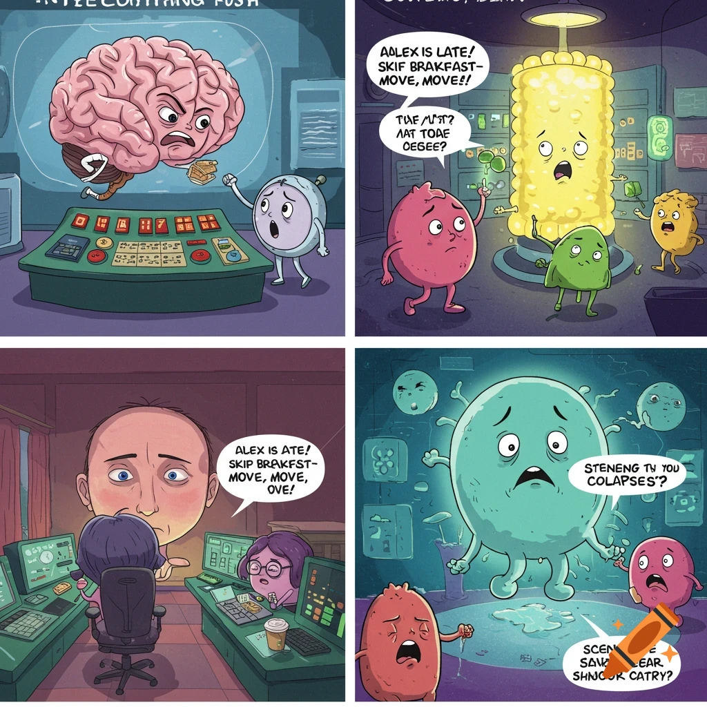 Cartoon scene depicting a low blood sugar crisis with personified ...