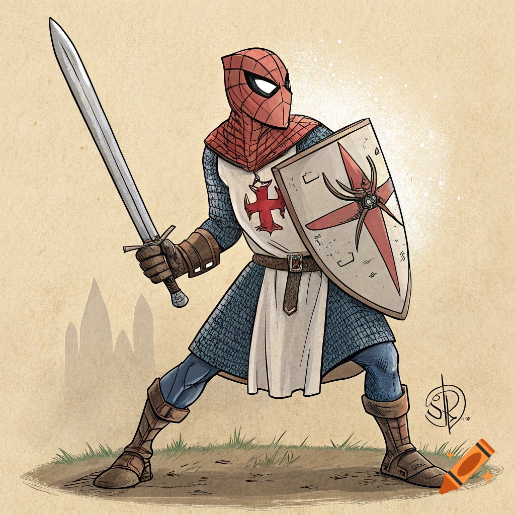 Illustration of a knight standing with a sword next to a demon on Craiyon