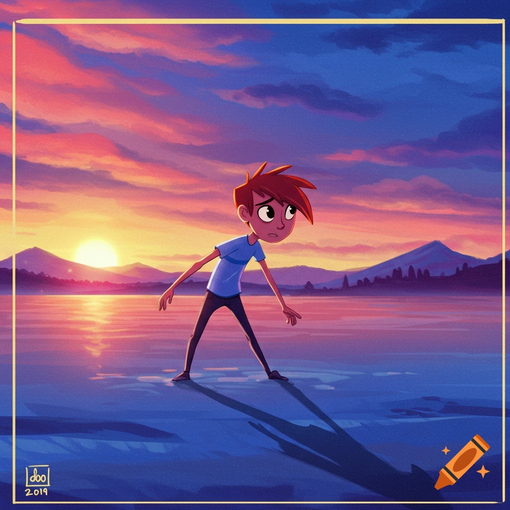 Cartoon boy stands on ice during a vibrant sunset over mountains and a ...