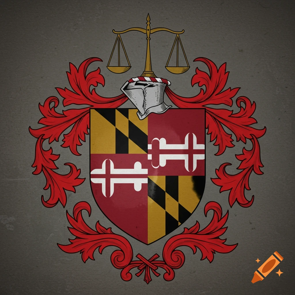 Family crest with Maryland flag and scales of justice on Craiyon