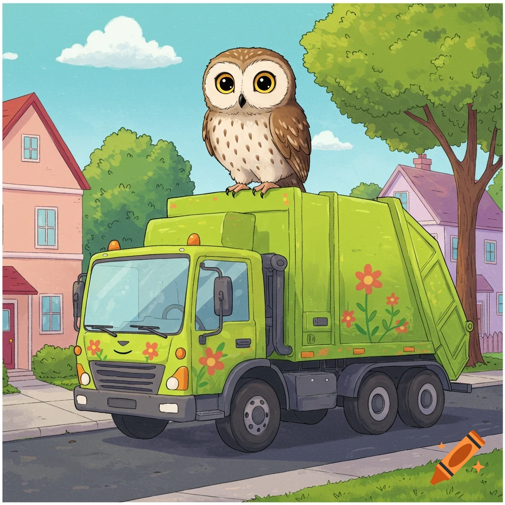 A cartoon owl sits on top of a green garbage truck driving through a ...