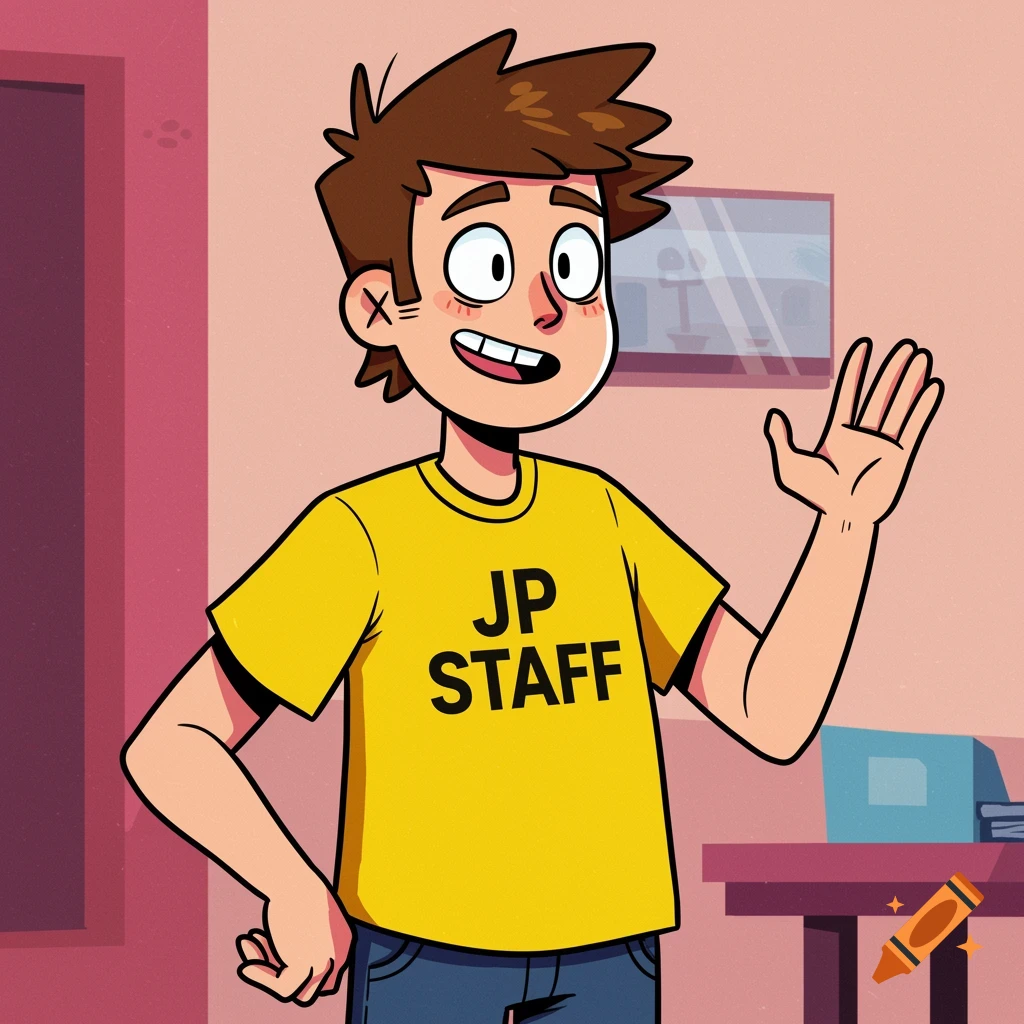 Cartoon character in a yellow JP Staff t-shirt waving. on Craiyon
