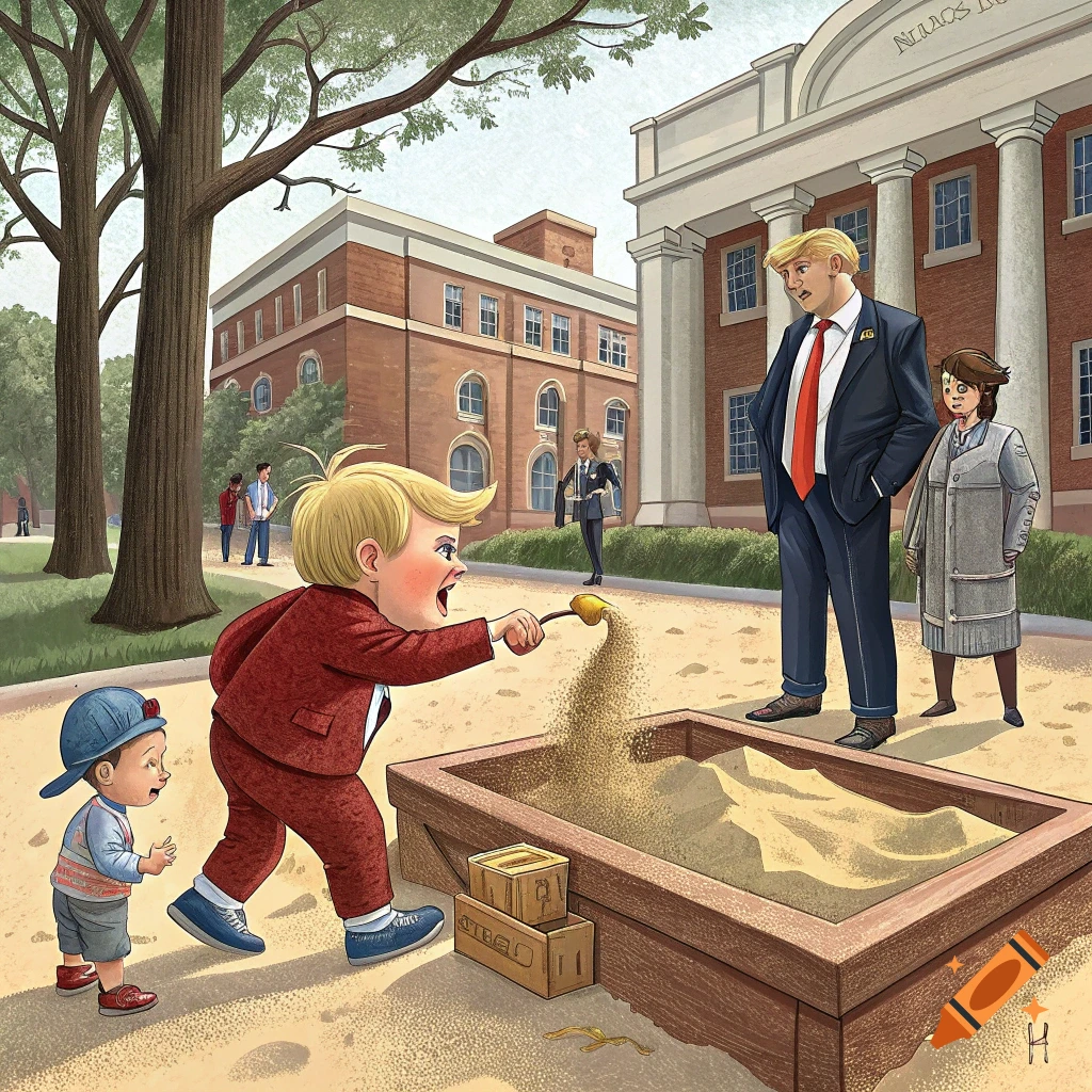 Bully Trump throwing sand at Harvard President Allan Garber in sandbox ...