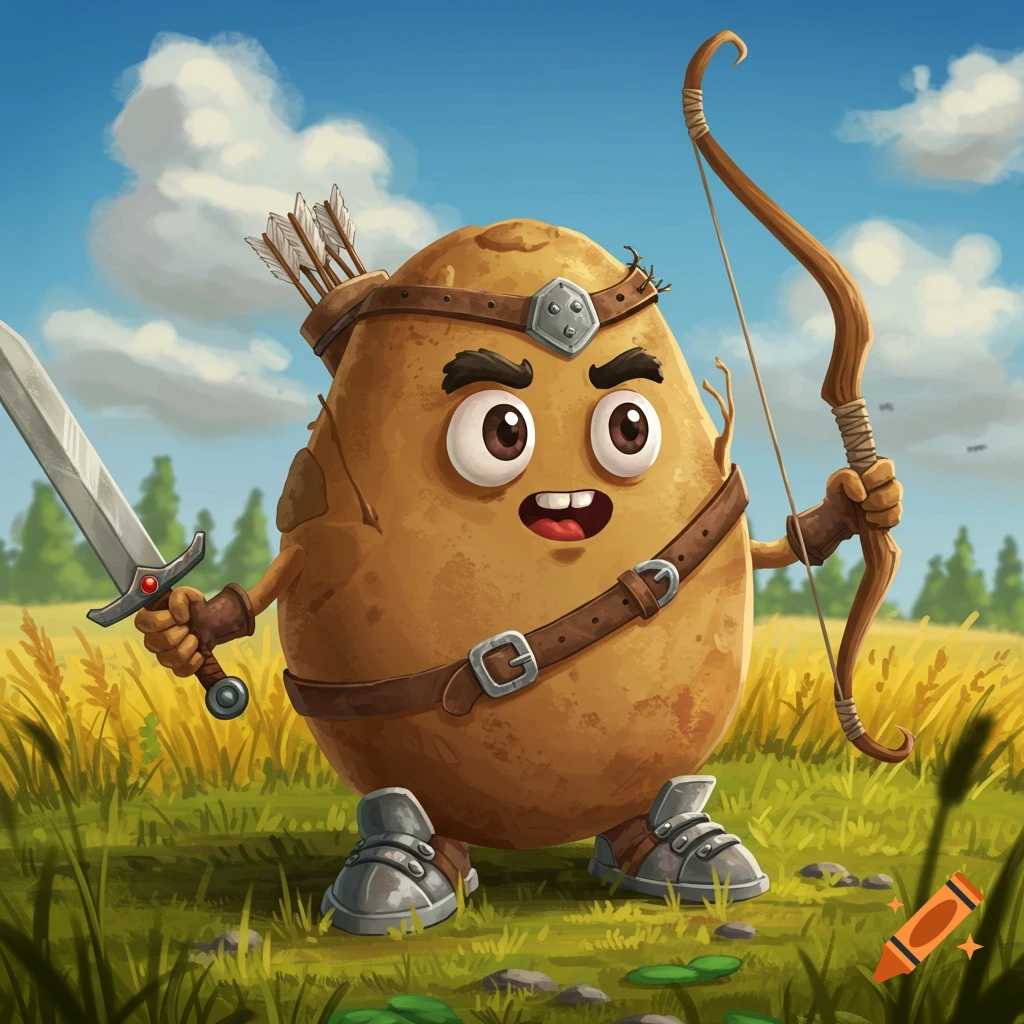 A cartoon potato character dressed in fantasy gear stands in a field ...