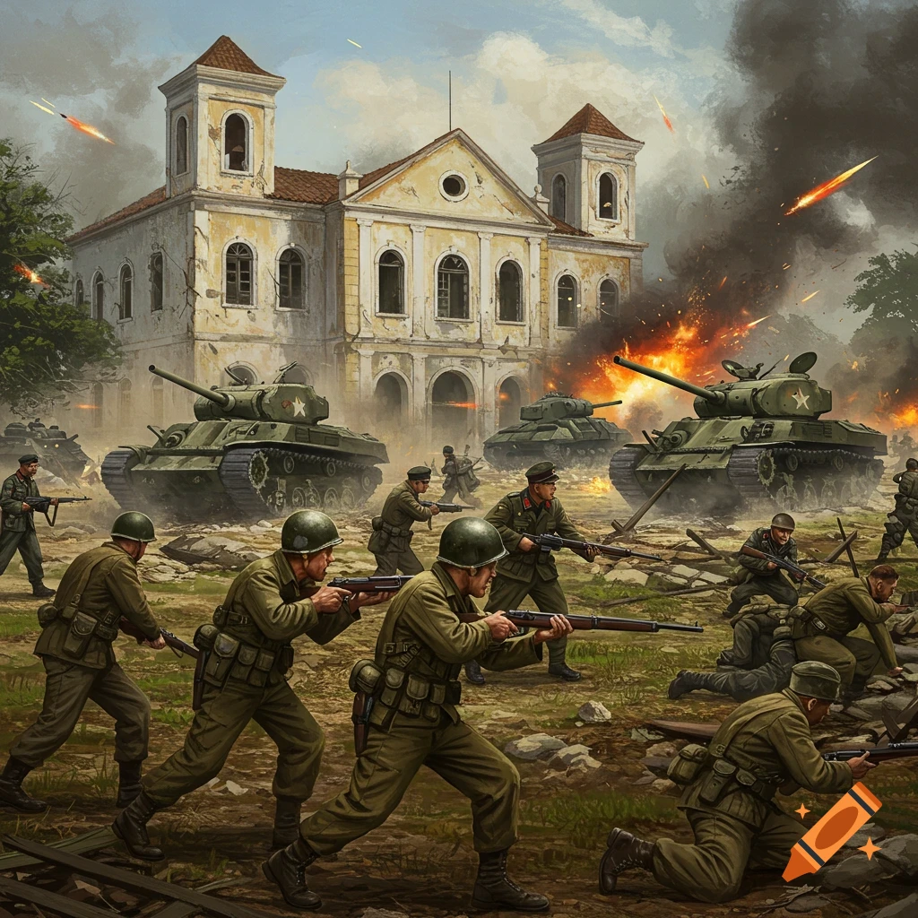 A battle scene with soldiers, tanks, and explosions in front of a ...
