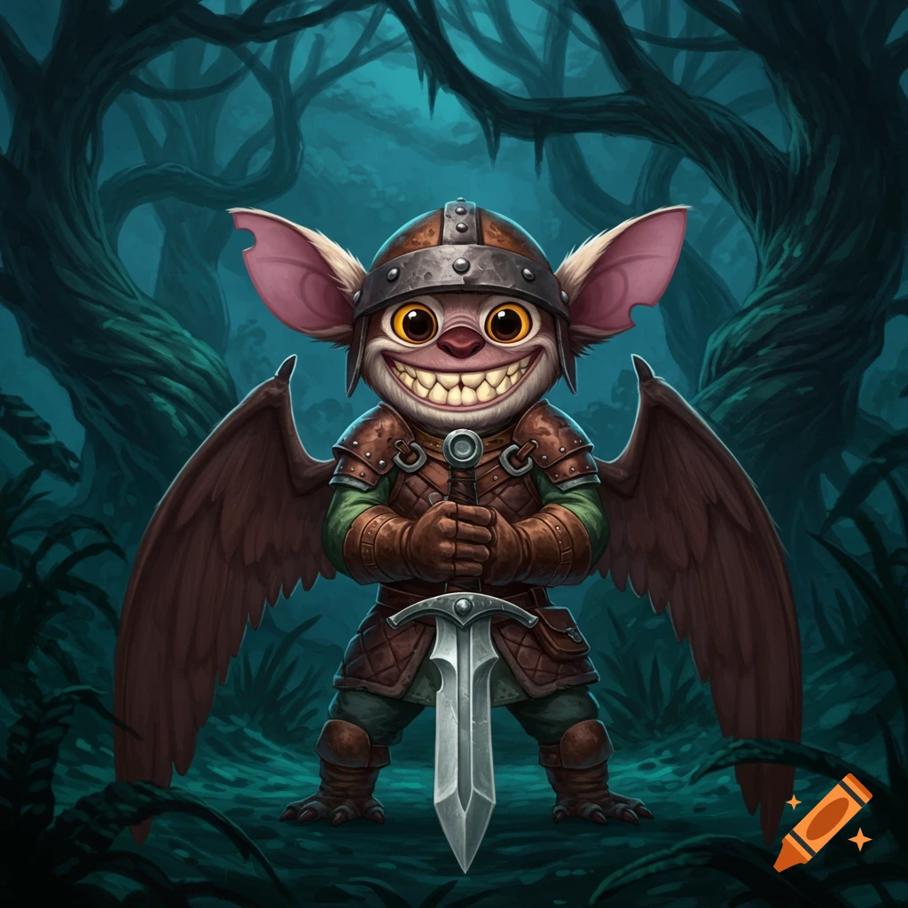 Creature mix of Gizmo, Stitch, and galago in leather armor with sword ...
