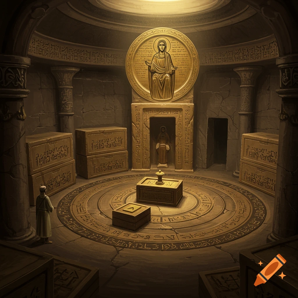 Underground tomb with circular room and religious symbols on Craiyon