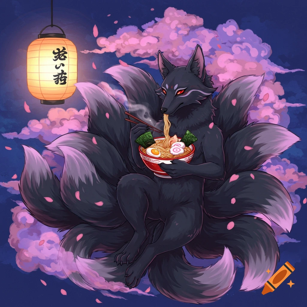 A black kitsune with multiple tails is eating ramen under a lantern ...